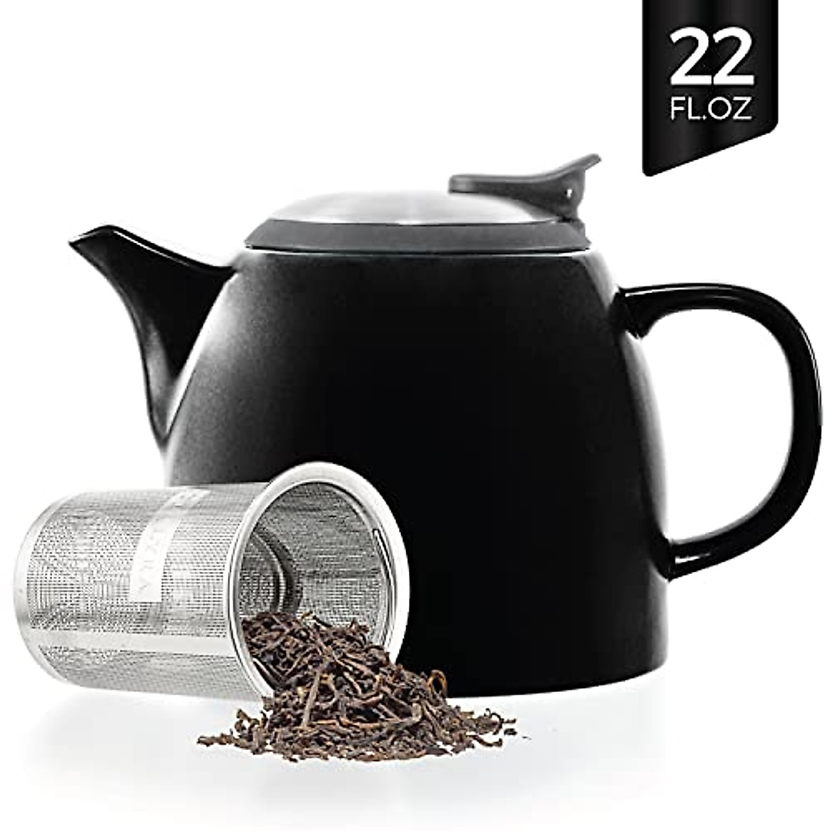 Tealyra - Drago Ceramic Small Teapot Black - 22oz (2-3 cups) - With Stainless Steel Lid and Extra-Fine Infuser for Loose Leaf Tea - Lead-free - 650ml