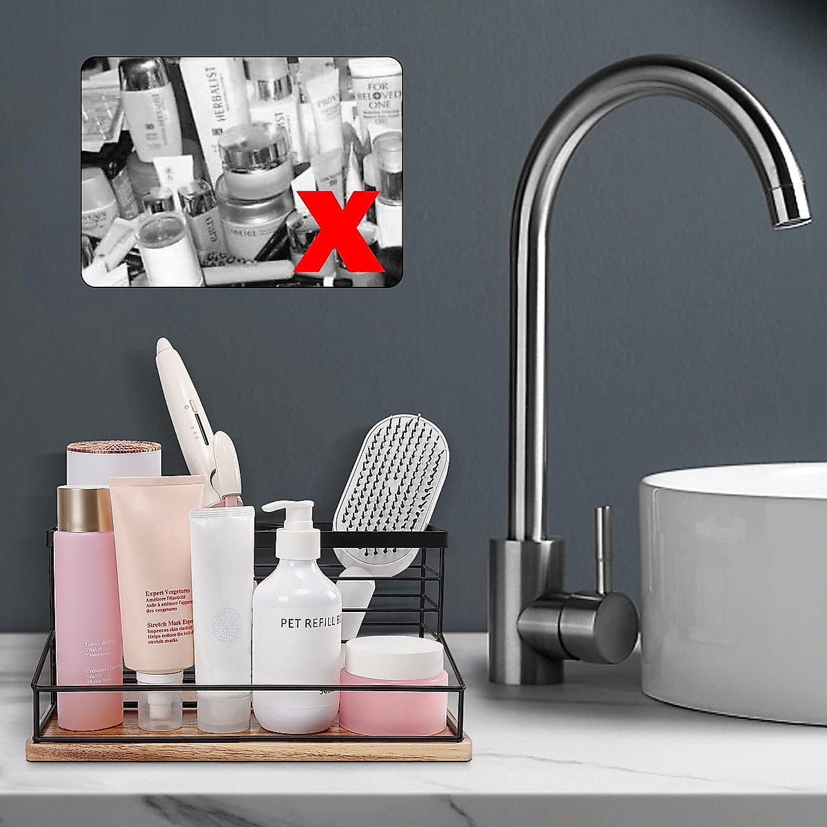 Siyzda Hair Tool Organizer, Movable Hair Dryer Holder, Hair Styling Tools Organizer Storage for Vanity, Black Bathroom Counter Organizer, Bathroom Trays for Hair Toiletry, Makeup (Wooden Base)