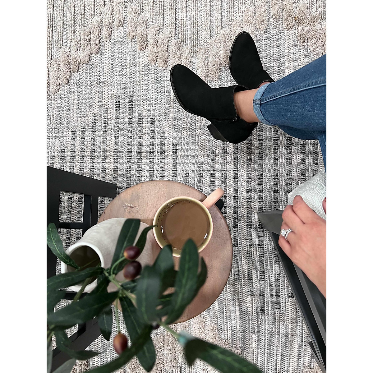 BoutiqueRugs Maulawin Farmhouse High Low Textured Shag Area Rug - Boho Moroccan Geometric Carpet for Living Room, Bedroom, Dining Room - Charcoal, Cream, Peach - 6'7" x 9' (6x9 Area Rug)