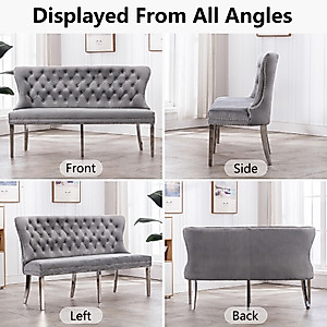 LOULENS 65'' Upholstered Velvet Settee Bench 3 Seater, Modern Tufted Banquette Bench with Back, Accent Loveseat Sofa with Stainless Steel Leg for Dining, Living Room (Gery)