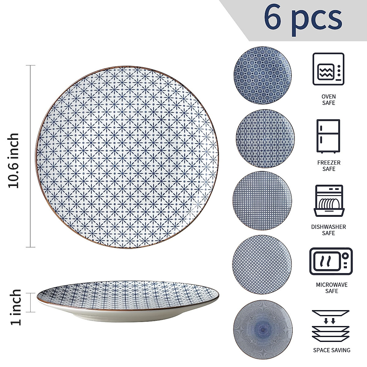 YELLOYA Japanese Large Dinner Plates Set 10.6 Inch-Salad Serving Dishes Set of 6-Blue and White Plates,Dishwasher & Microwave Safe, Assorted Pattern Plates