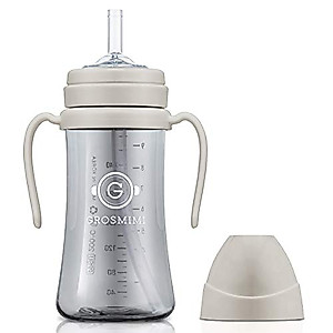 GROSMIMI Spill Proof no Spill Magic Sippy Cup with Straw with Handle for Baby and Toddlers, Customizable, PPSU, BPA Free 10 oz (Beige)
