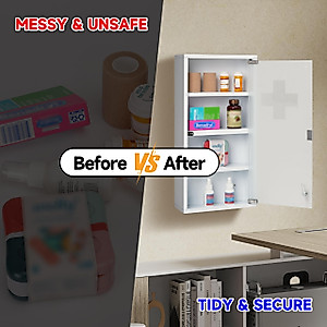 Mount Brook Locking Medicine Cabinet - Wall Mountable Medicine Cabinet with Lock, White Metal Cabinet, Frosted Glass Door with First Aid Cross Sign, 4 Shelves, Magnetic Catch