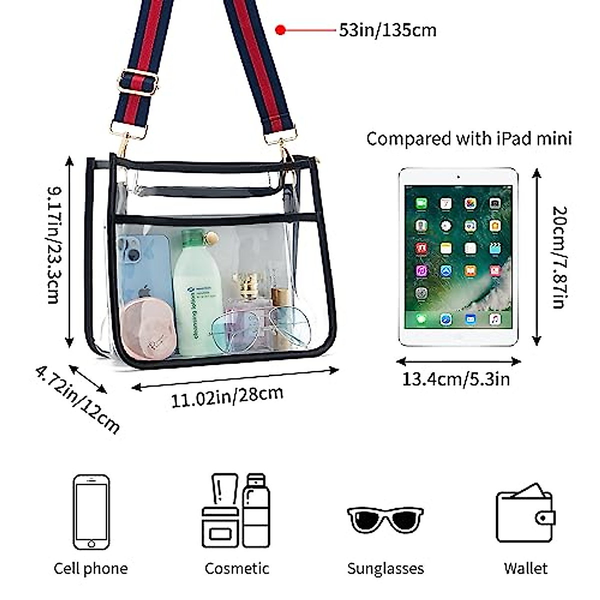 WEIMZC Clear Crossbody Bag Stadium Approved, Adjustable Shoulder Strap Clear Purse Bag for Concerts Sports Events Festivals(Color2)