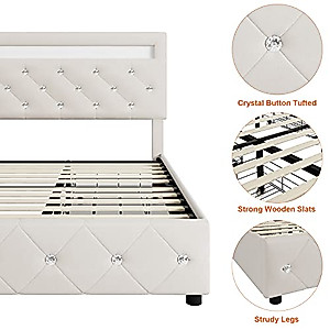 Keyluv King Size LED Bed Frame with 4 Storage Drawers, Velvet Upholstered Platform Bed with Adjustable Crystal Button Tufted Headboard and Solid Wooden Slats Support, No Box Spring Needed, Beige