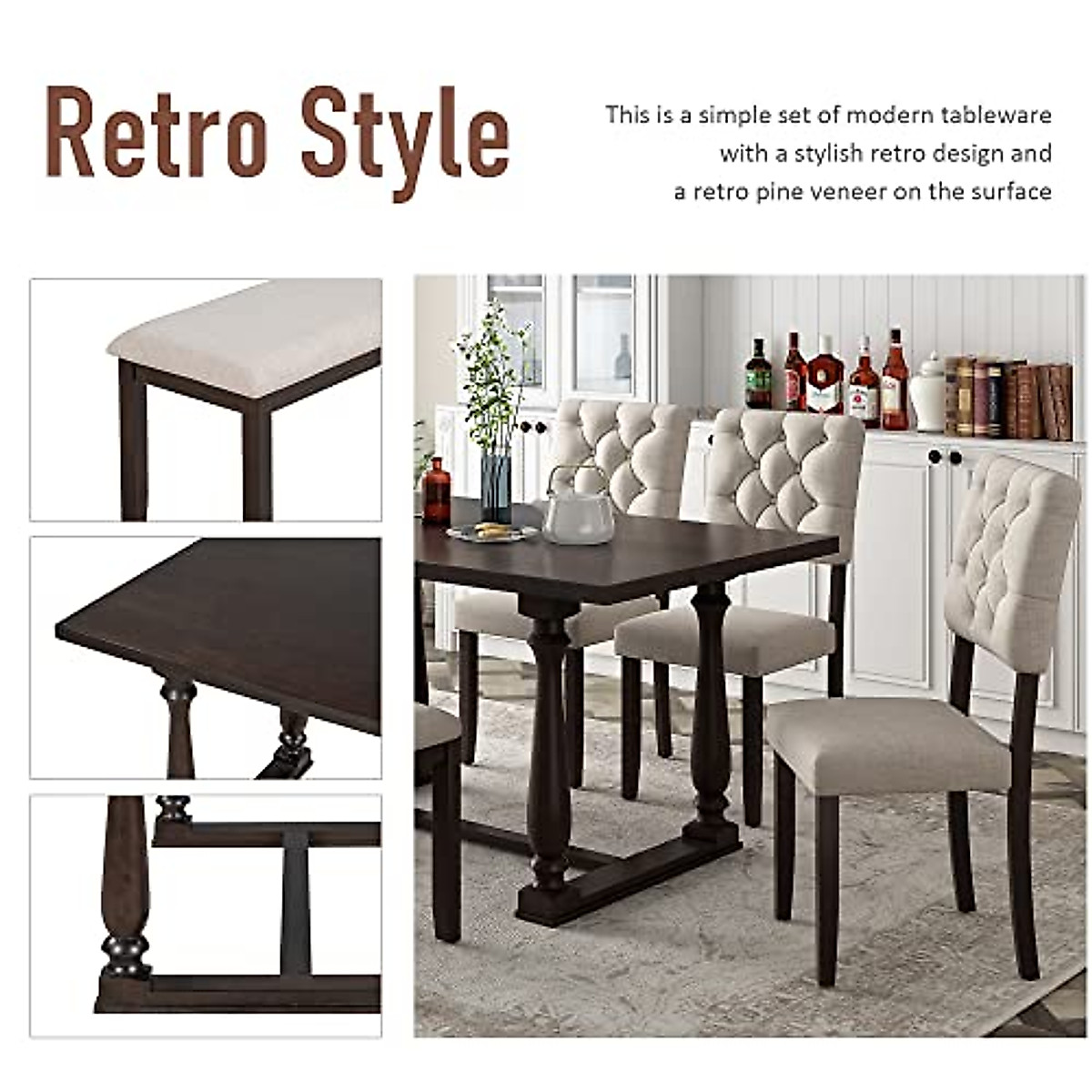 Merax 6 Piece Kitchen Dining Table Set, Wooden Rectangular Dining Table with Upholstered Bench and 4 Upholstered Chairs, Dining Room Set for 6 People, Living Room Furniture (Espresso, Cushions)