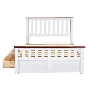 ERDAYE Full Size Bedframe Wooden Platform Bed with Two Storage Drawers and Wood Slat Support, White+Walnut