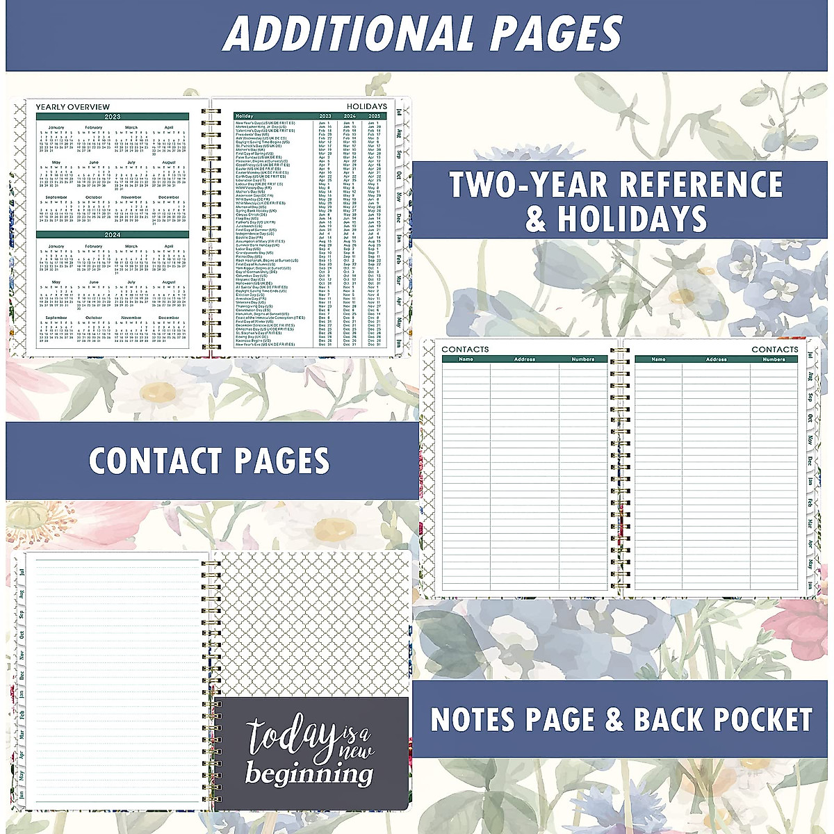 Planner 2023-2024 - Academic Planner 2023-2024, Jul.2023 - Jun.2024, 2023-2024 Planner, 2023-2024 Planner Weekly & Monthly with Tabs, 6.4" x 8.5", Hardcover + Back Pocket + Twin-Wire Binding, Daily Organizer - Flowers
