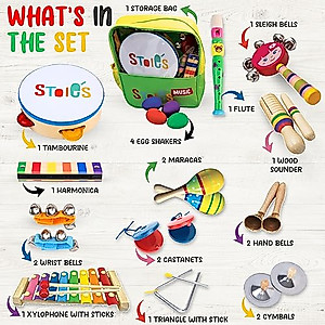 Stoie's Kids Musical Instruments Set for Toddler Ages 1-3, 3-5 - Baby Wooden Percussion Musical Toys for Little Boys & Girls - with Xylophone and Maracas, Drum, Cymbals