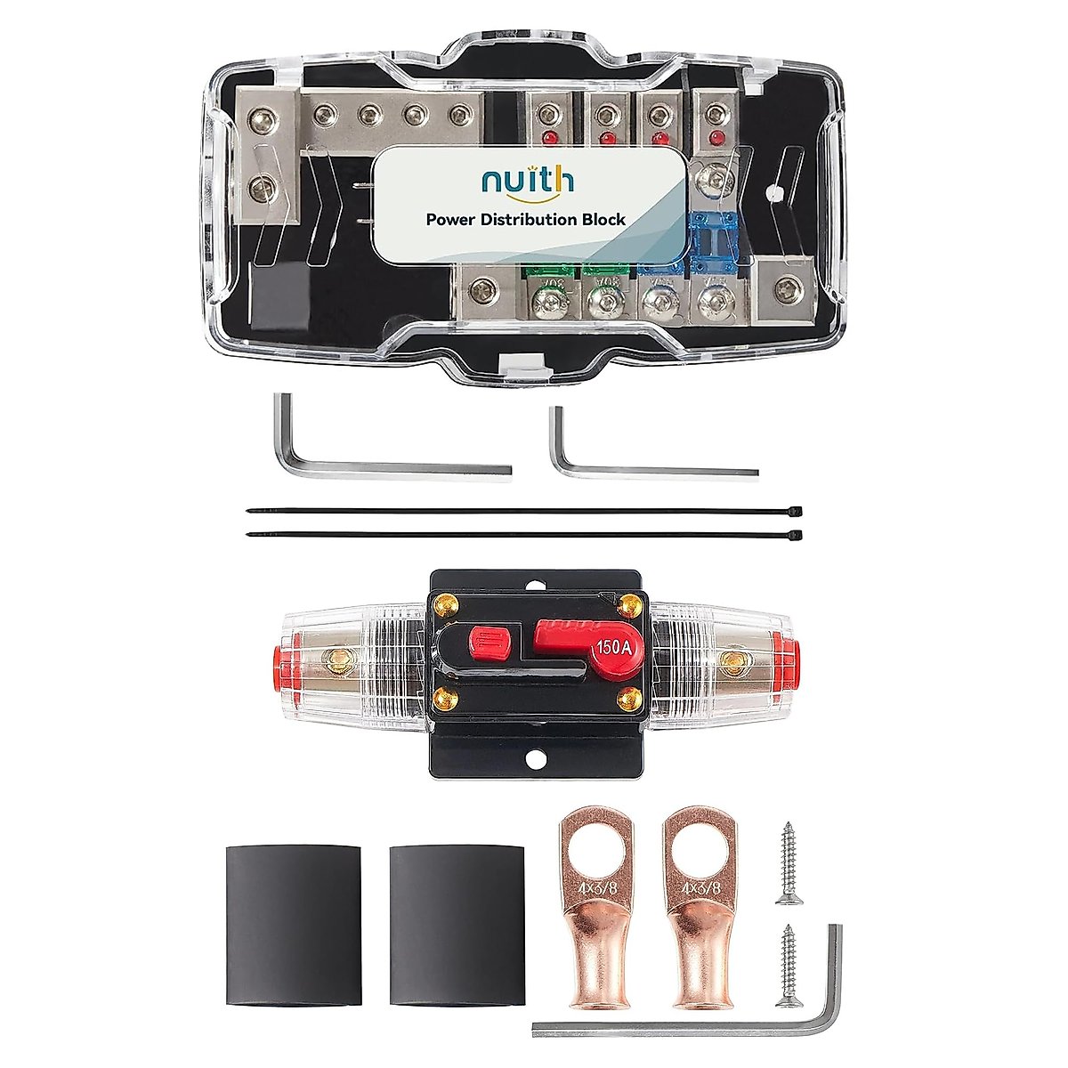 NuIth 150 AMP Car Protection Stereo Switch Fuse + 2 Way in 4 Way Out Fused Distribution Block with Red LED Indicator