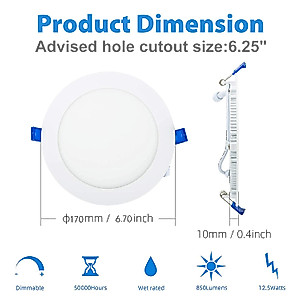 6 Pack 6 Inch 5CCT Ultra-Thin LED Recessed Lighting with Junction Box,2700K/3000k/3500K/4000K/5000K 5 Color Temperatures Selectable,12 W Canless Dimmable Slim Downlight