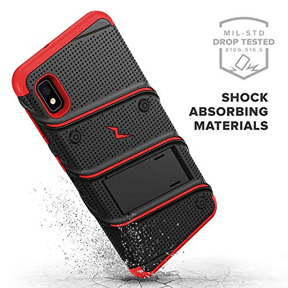 ZIZO Bolt Series for Samsung Galaxy A10e Case | Heavy-Duty Military-Grade Drop Protection w/ Kickstand Included Belt Clip Holster Tempered Glass Lanyard (Black/Red)