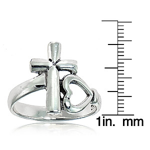 Hoops & Loops 925 Sterling Silver Cross and Sideways Heart Statement Fashion Christian Spiritual Ring for Women Men Teen Girls, Size 8