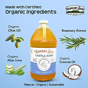 Vermont Castile Soap Unscented, Gentle Liquid Soap for Sensitive Skin & Natural Body Wash, Organic Hair Shampoo for Oily Hair, Aloe Castile Soap for Men & Women - 64 Oz