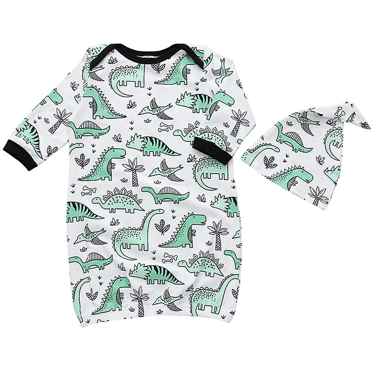 Unisex Baby Wearable Blanket with Hat Cap Cotton Sleeping Bag 2 Pcs Long Sleeve Nightgowns (Dinosaur, 0-6M)