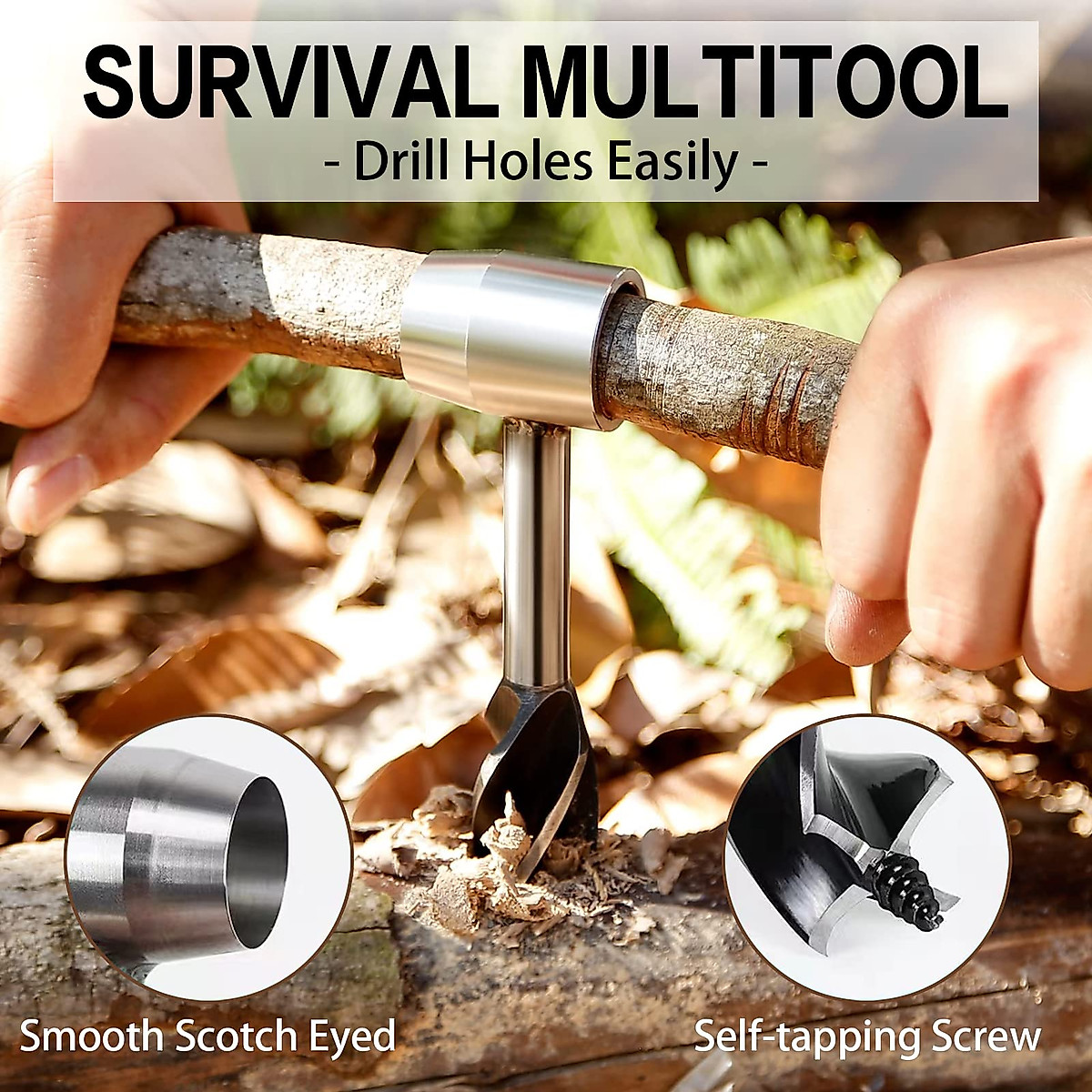 Bushcraft Gear Survival Tools for Survival Settlers Bushscraft Hand Auger Wrench, Hand Drill Manual Hand Auger Wood Drill with Fire Starter, Scotch Eye Wood Auger for Camping and Bushcrafting GOOX