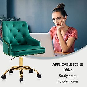 MOJAY Modern Mid-Back Tufted Office Chair, Swivel Height-Adjustable Accent Home Desk Chair,Cute Velvet Soft Seat Vanity Chair with Rivet and Arm Support (Green)