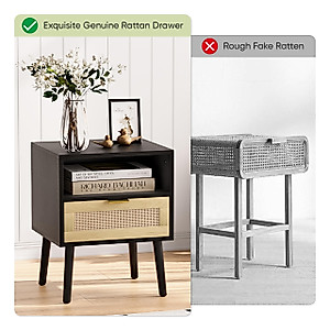 Smuxee Black Rattan Nightstand with Drawer, Boho Large Bedside Table with Open Shelf, Side Table for Bedroom, Study Room