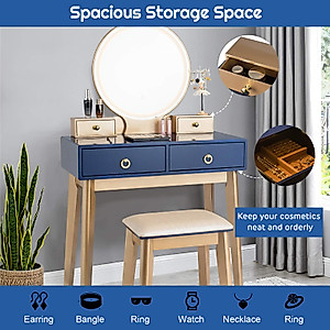 GOFLAME Vanity Table Set 3 Color LED Lighting Modes Touch Screen Dimming Mirror, Jewelry Divider Dressing Table with Round Mirror and Soft Cushioned Stool, 4 Drawers Storage Shelf (Navy)
