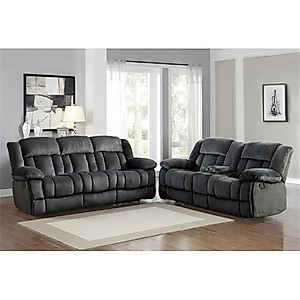 Pemberly Row Plush Double Reclining Sofa, Upholstered 3 Seater Fabric Recliner Couch for Home Living Room, Charcoal