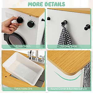 Costzon 2-Piece Kids Kitchen Playset, Wooden Pretend Play Kitchen & Washing Machine Toy Set w/Realistic Light & Sound, Coffee Maker, Water Dispenser, Stove, Utensils, Sink