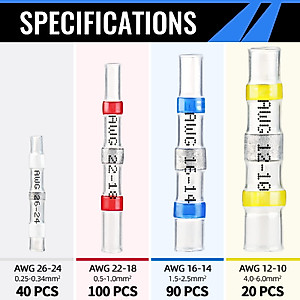 Sopoby 250PCS Solder Seal Wire Connectors Insulated Waterproof Electrical Wire Terminals Heat Shrink Solder Butt Connectors Solder Connector Kit for Automotive Marine