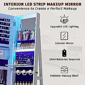 FOMNEY 360° Swivel Jewelry Armoire with Mirror, 63" H Full Length Mirror with LED Lights, Jewelry Cabinet/Organizer with Makeup Shelf for Bedroom (White)