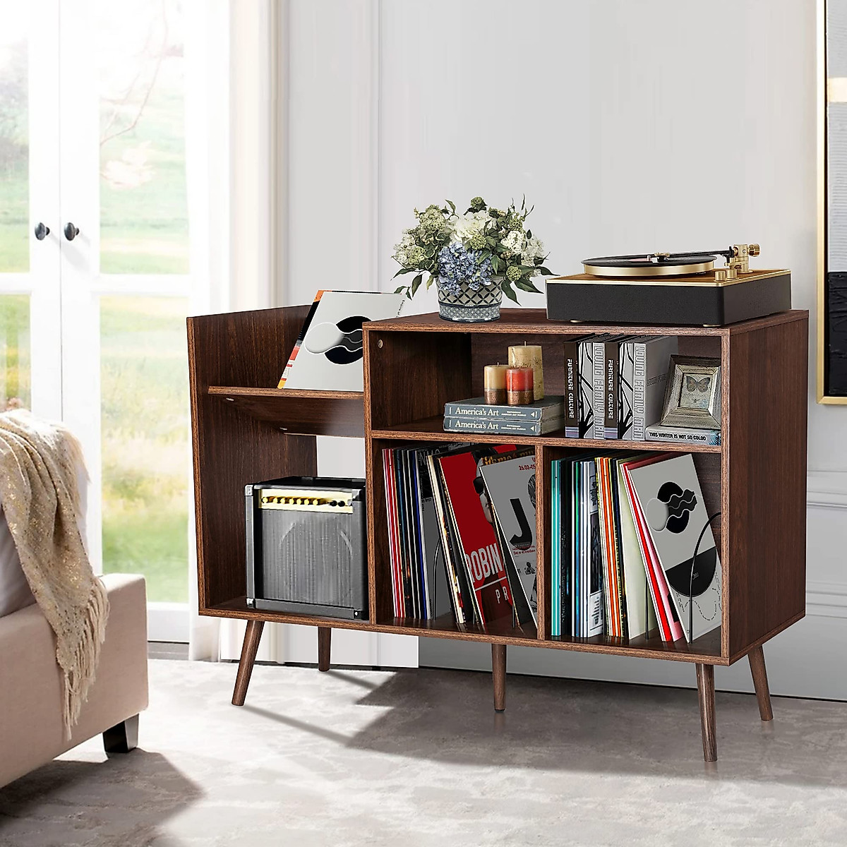 RARZOE Large Record Player Stand, Mid Century Concord Turntable Stand Table Holds Up to 350 Albums, Vinyl Record Storage Cabinet with Wood Legs for Living Room Office, Walnut Brown