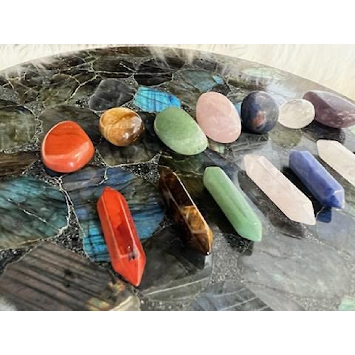 CrystalsAhoy 3" Selenite Charging Plate with TWO Chakra Sets included, polished round and double pointed chakra crystals