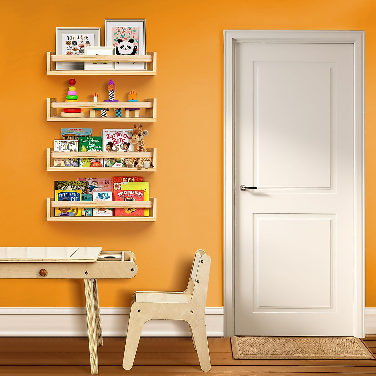 Woodever Nursery Book Shelves Set of 4, 16 Inches Kids Bookshelf, Book Shelf for Kids Room, Floating Shelves for Wall Nursery, Book Storage for Kids, for Bedroom and Palyroom Decor.