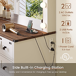 Hasuit Farmhouse Vanity Desk with LED Lights Mirror & Power Outlet 43'' Makeup Vanity Table with 5 Drawers & 2 Cabinets, Dressing Table for Bedroom,3 Color Lighting Modes Adjustable Brightness,White