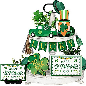 14 Pieces St. Patrick's Day Tiered Tray Decor Set Irish Saint Patrick Themed Tray Decor Home Table Including Shamrock Wood Bead Garland Truck Wood Gnome Farmhouse Sign Tabletop Decorations