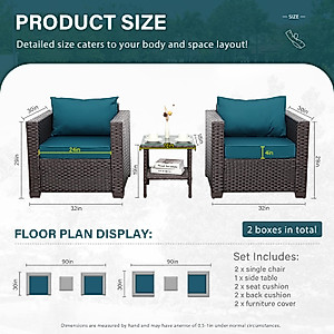 Patio Furniture 3 Piece Patio Set Patio Conversation Sets Outdoor Chairs and Glass Side Table Balcony Furniture with Non-Slip Cushions and Waterproof Covers, Peacock Blue