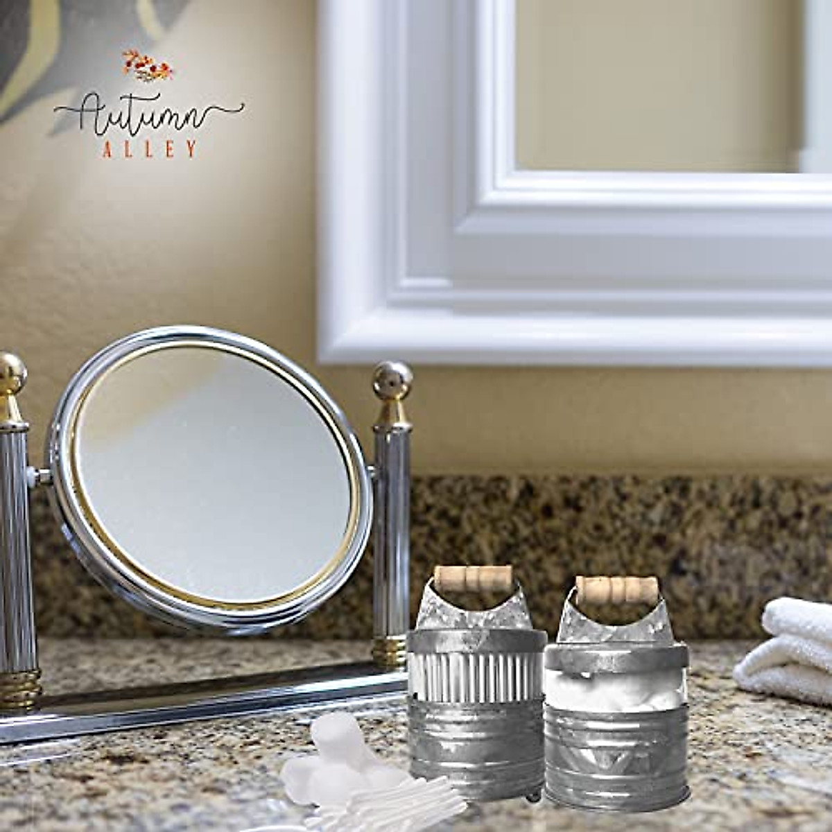 Autumn Alley Galvanized Bathroom Apothecary Jars Set, Farmhouse Bathroom Jars Qtip Holder Glass Dispenser- Rustic Vanity Organizer with Lids for Cotton Balls, Swabs, Rounds, Bath Salts 2-Glass Jars