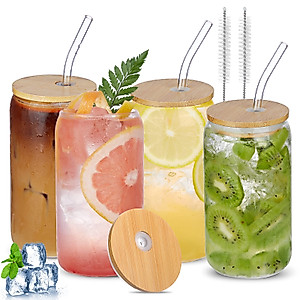 FASISOY Glass Cups with Bamboo Lids and Straws 4pcs 16oz Coffee Beer Can Cups with Lids and Straws Drinking Glasses glass coffee mugs Aesthetic Cute Glass Tumbler, Coffee Bar Accessories Gifts