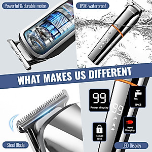 PRITECH Beard Trimmer,6 in 1 Kit Electric Hair Clipper,Cordless Nose Trimmer Mens Grooming Trimmer for Beard Head Face and Body Waterproof IPX6 USB Rechargeable LED Power Display