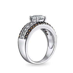 Bling Jewelry Personalize 3CT AAA CZ Two Tone Chocolate Brown Color Clear Round Brilliant Cut Solitaire Engagement Ring For Women 3 Row Wide Pave Band Silver Plated Customizable