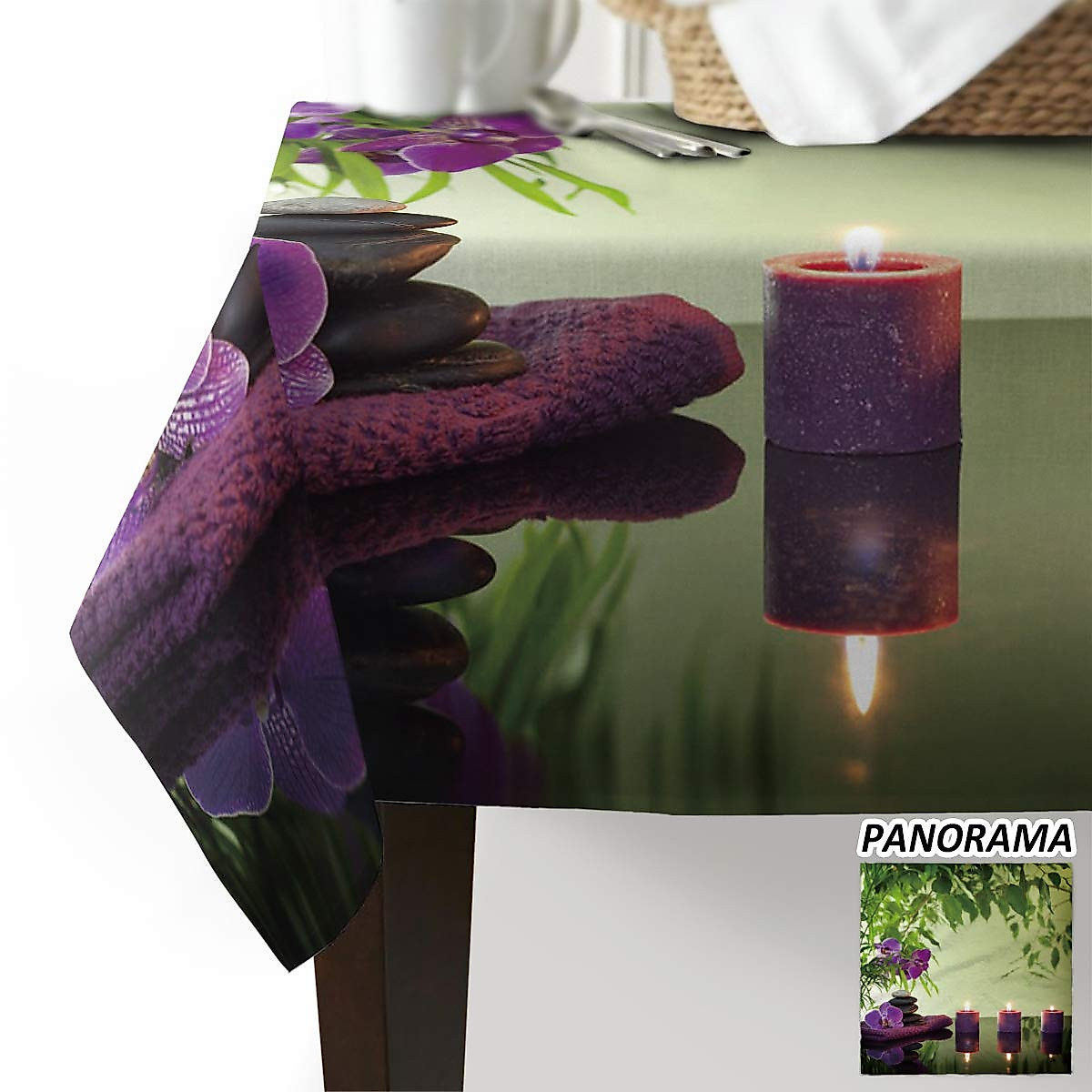 Cotton Linen Tablecloth Zen Spa Rectangle, 60" Wx140 L Wrinkle-Free Table Cloth Cover Butterfly Orchid Zen Basalt Stones Candle Purple Table Decorative for Wedding Dinning Party Banquet Tabletop