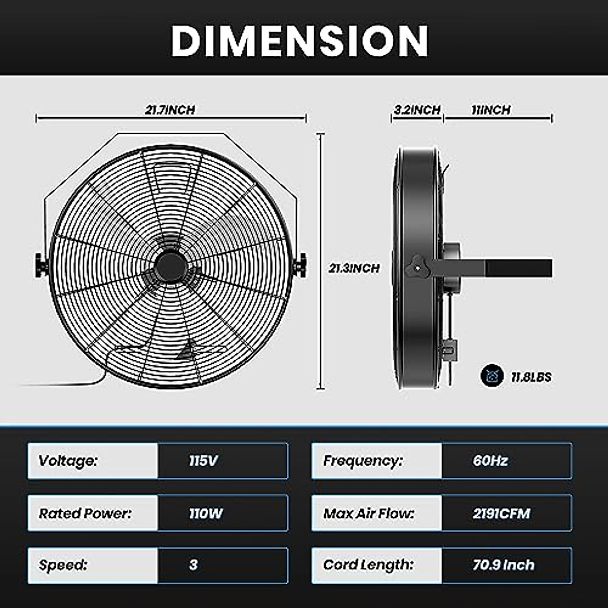 Simple Deluxe 18 Inch High Velocity Wall Mount Fan with Rack, 3 Speed Industrial/Commercial Metal Ventilation Fan, Black