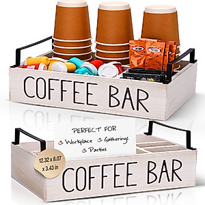 Coffee Station Organizer – Wooden Coffee bar Organizer for Kitchen Counter – Large Storage of 4 Compartments with Handles Perfect for Workplace, Meetings, Gatherings and Parties