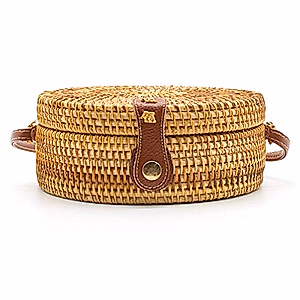 Girl and Cat Handmade Round Straw Rattan Crossbody Bag for Women with Shoulder Leather Strap (Leather buckle)