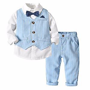 Tem Doger Baby Boys Formal Suit Toddler Gentleman Set Dress Slim Fit Long Sleeve Shirt+Blue Vest+Pants Outfits Tuxedo (90/12-18 Months, blue2)