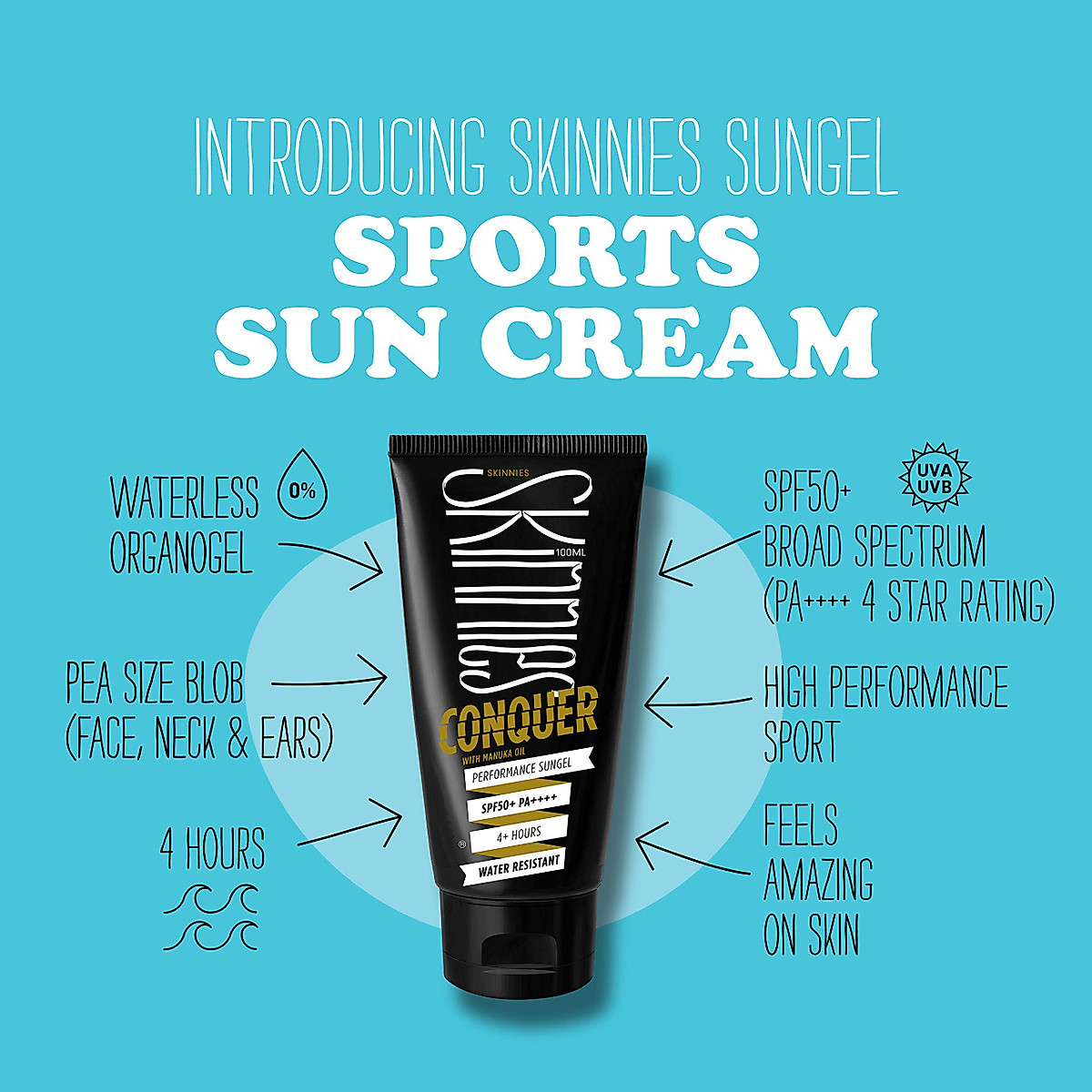 Skinnies 100ml SPF50+ CONQUER, Sungel Sun Cream, Broad Spectrum, Reef Safe, Water Resistant 4 hours