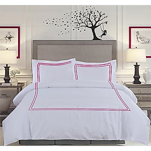 BedDecor Luxury 400-TC Egyptian Cotton 3PC Embroidered Duvet Cover Set with Beautiful 2-Stripe Embroidery(Hot Pink, Full/Queen)