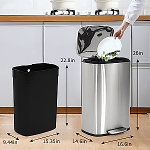 Bigacc Kitchen Trash Can Large Garbage Can 13 Gallon Trash Can with Lid Stainless Steel Step Trash Can 50L Wastebasket for Kitchen Bathroom Trash can, Silver/Nickel