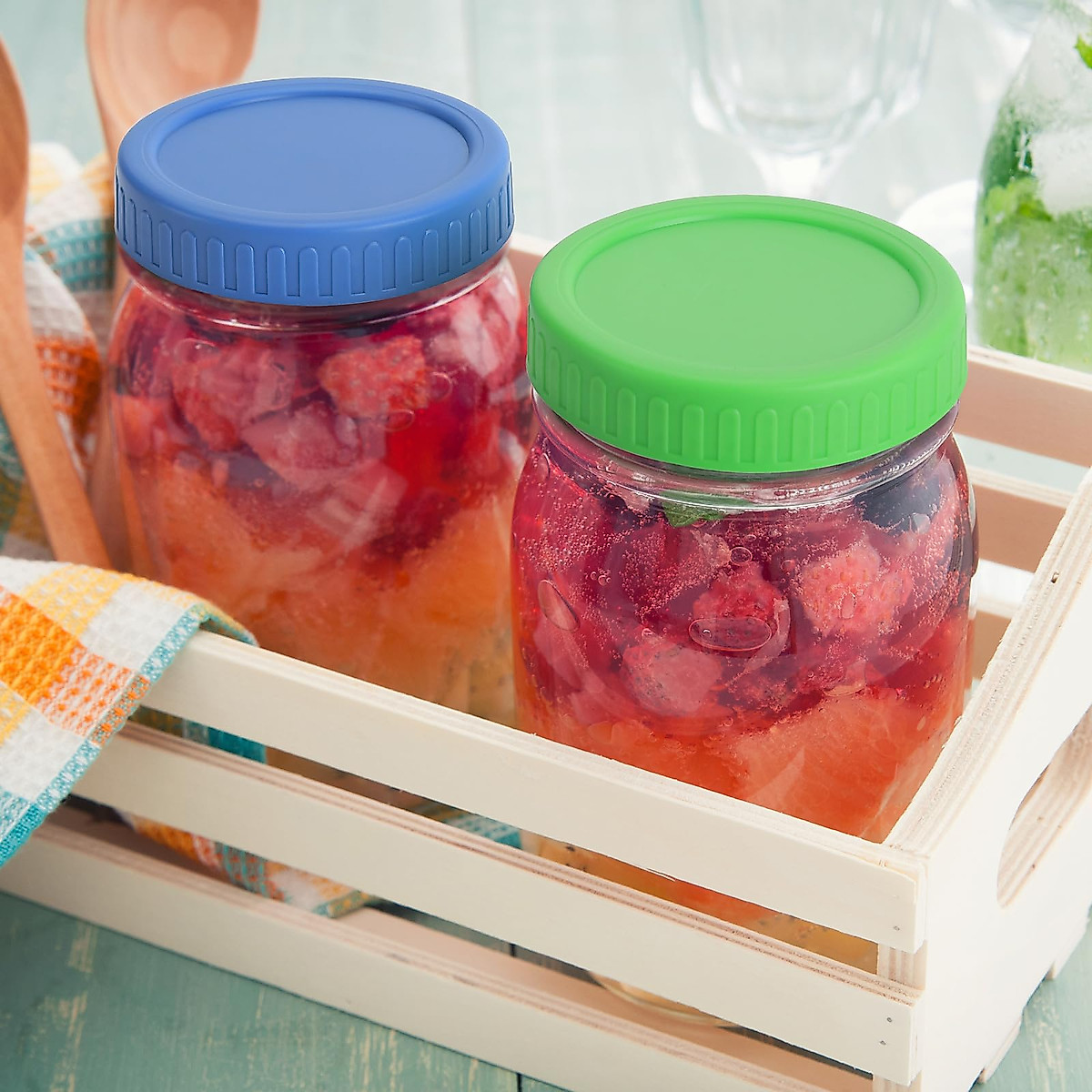 12PCS Colored Plastic Mason Jar Lids with Sealing Rings -Regular Mouth and Wide Mouth Jar Lids,Storage Caps for Canning Jars and More -Leak-Proof&100% Sealing