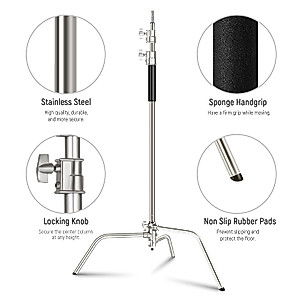 NEEWER C Stand with Boom Arm Pro 100% Stainless Steel, Air Cushion Heavy Duty Photography Light Stand Max Height 10.8ft/330cm, 4.2ft/128cm Holding Arm, 2 Grip Head for Monolight Softbox Reflector