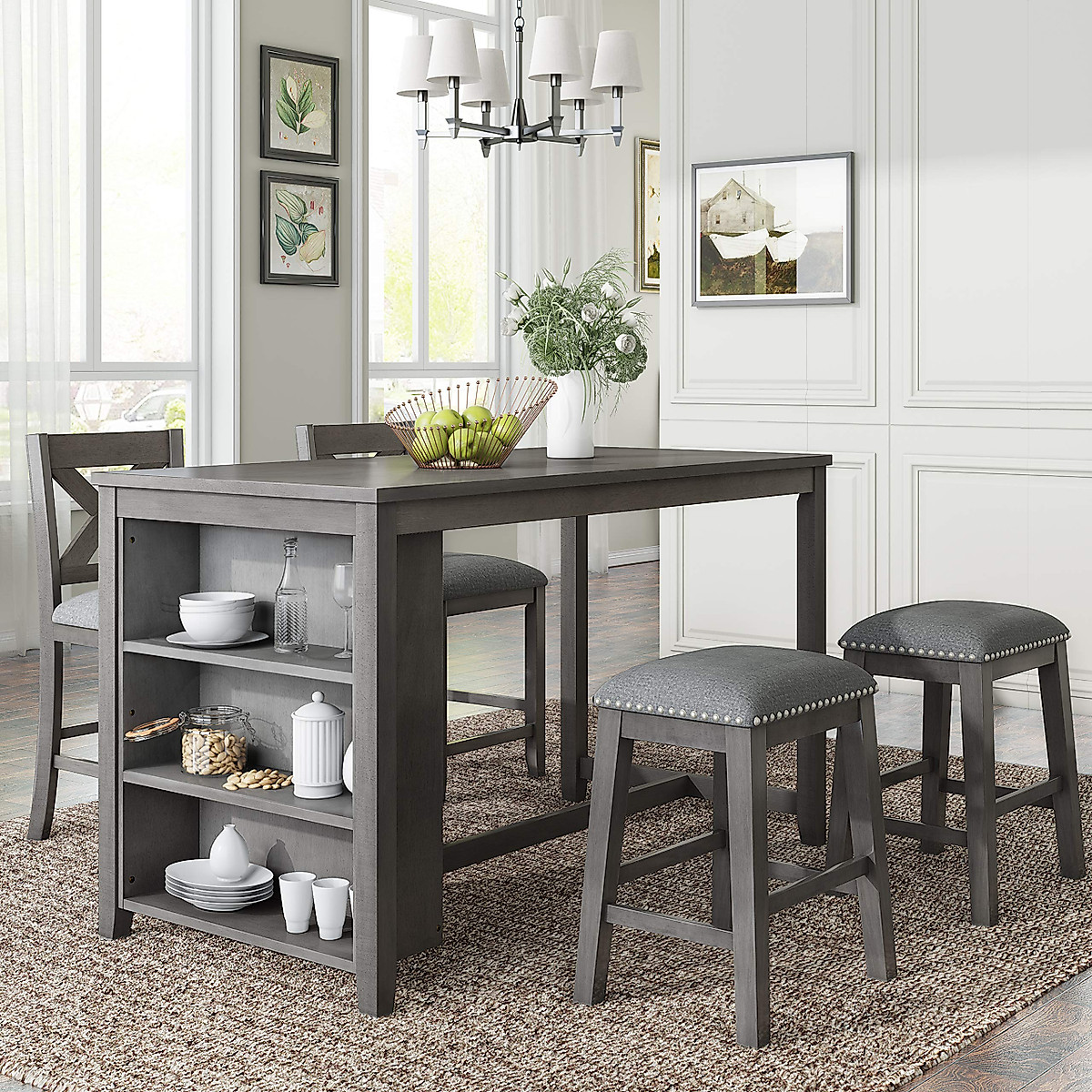 Bellemave 5 Pieces Counter Height Dining Table Set for 4,Rustic Farmhouse Wooden Bar Table Set with 3-Tier Shelf, 2 Stools and 2 Chairs for Kitchen Dining Room(Grey)