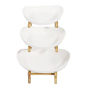 Ceramic Fruit Bowl, 3 Tier Fruit Basket Fruit Bowl for Table Centerpieces Porcelain Fruit Plate with Bamboo Stand Fruit Snacks Nuts Bread Candy Storage Tray (White)