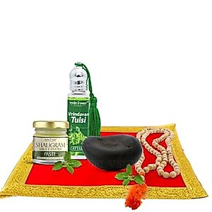 Vedic Vaani Vaman Vishnu Rupam Shaligram Shila |Shaligram Paste|Vridavan Tulsi Attar| Tulsi mala (Pack of 4)